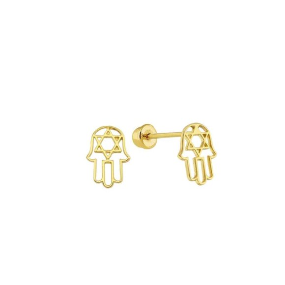 Element Shine | Jewelry | 4k Yellow Gold Mini Small Hamsa Hand Star Of David Screw Back Stud ...